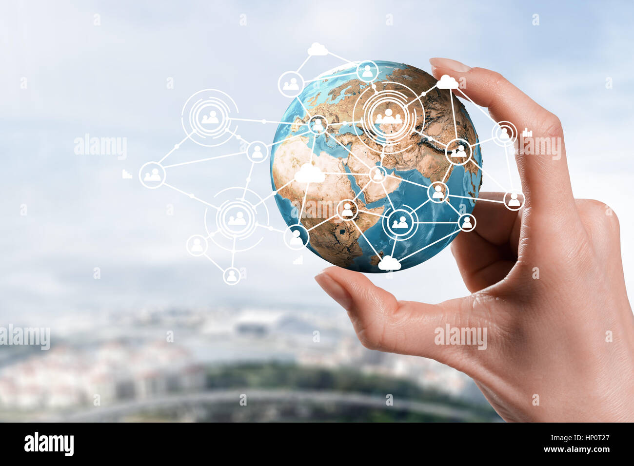 Female hand holding Earth planet presenting connection technologies ...