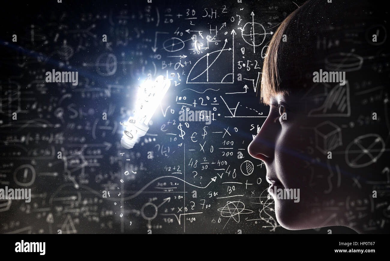 Profile of kid girl and science sketches at background Stock Photo - Alamy