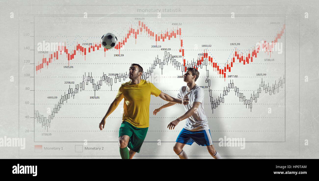 Football players fighting for ball and graphs at background. Mixed ...