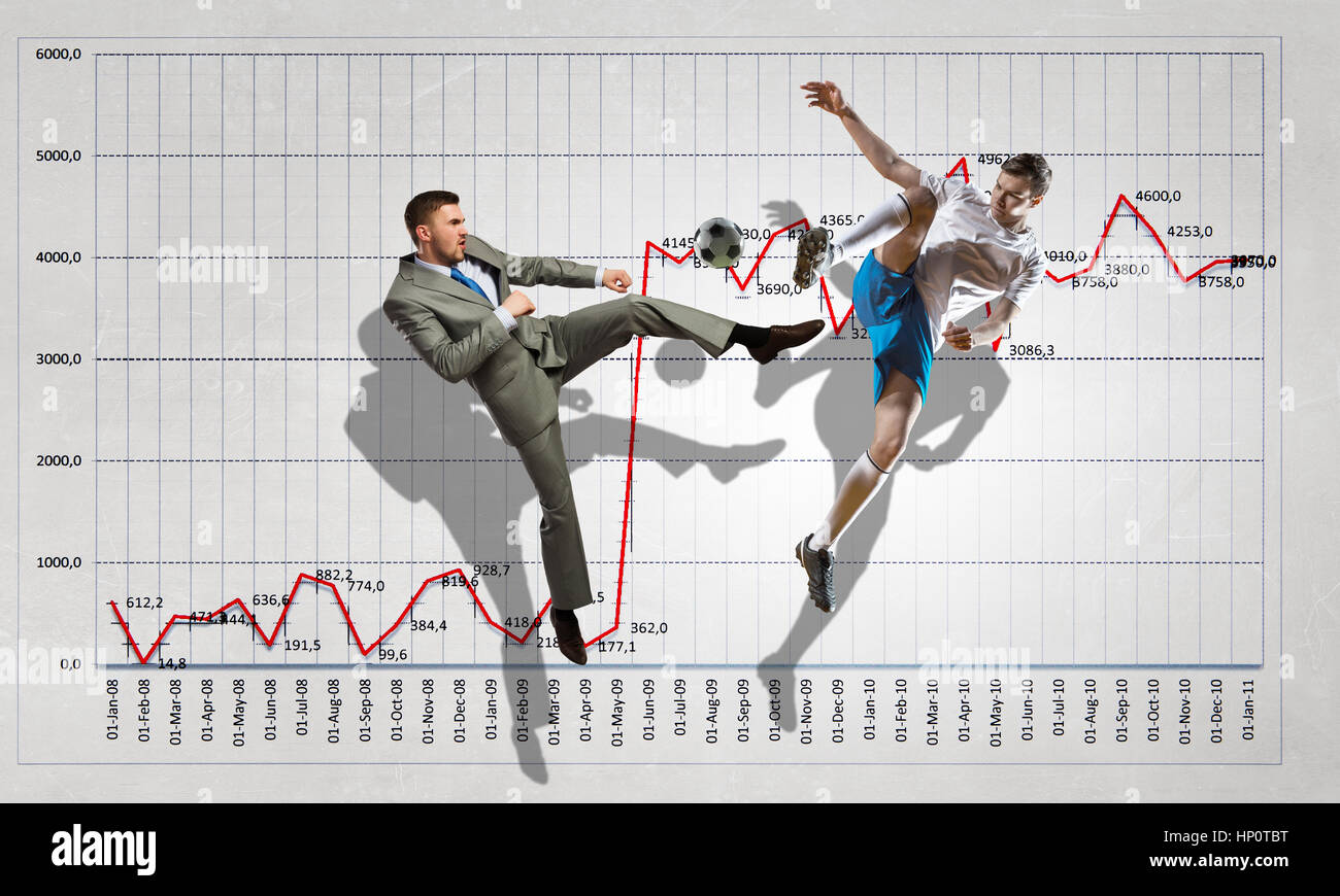 Football players fighting for ball and graphs at background. Mixed ...