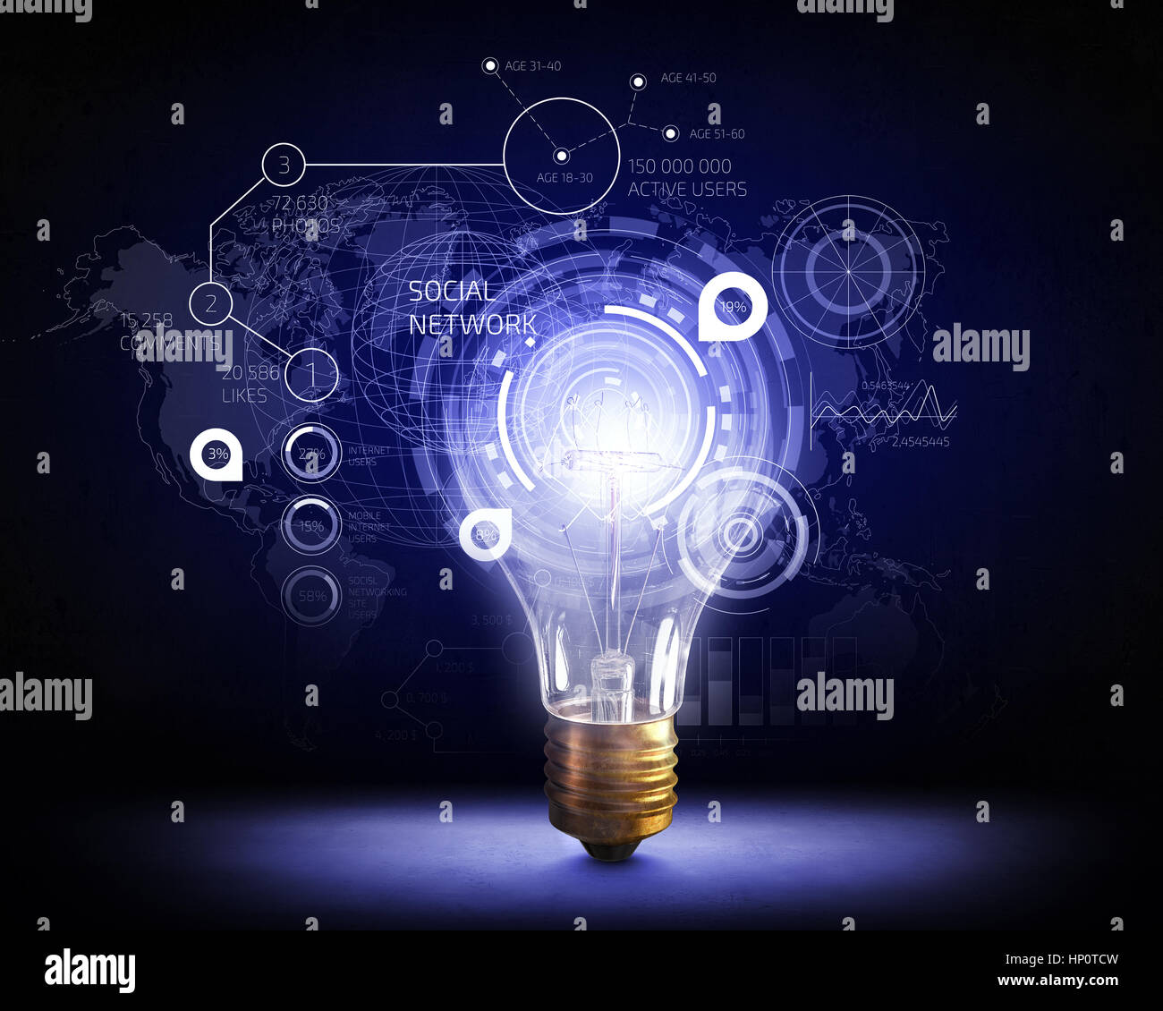 Conceptual technology background with glass glowing light bulb Stock ...