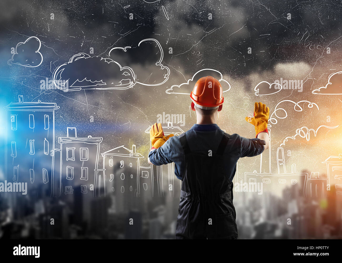 Back view of engineer man working with virtual panel Stock Photo - Alamy