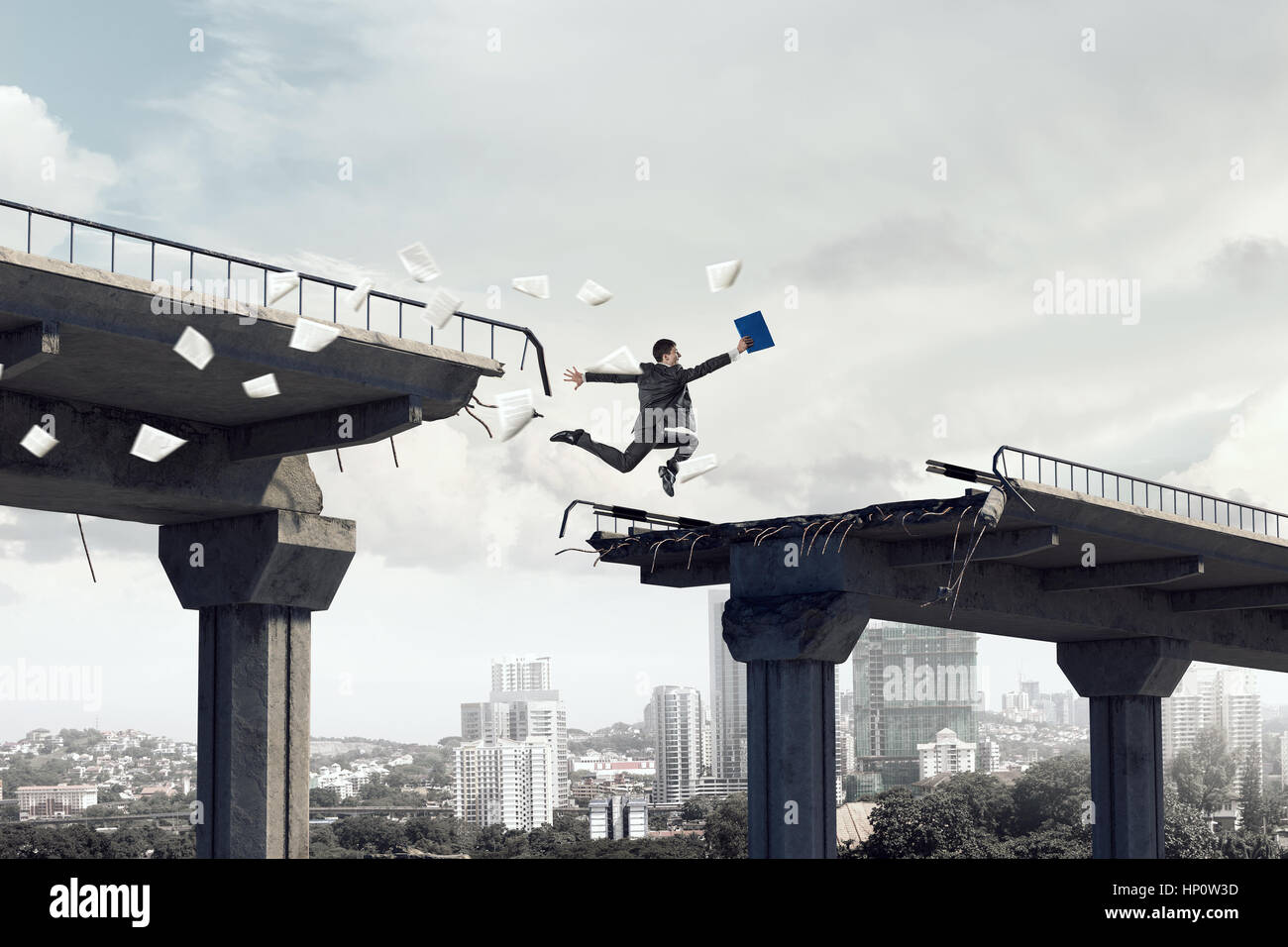 Businessman jumping over a gap in bridge as symbol of problem ...