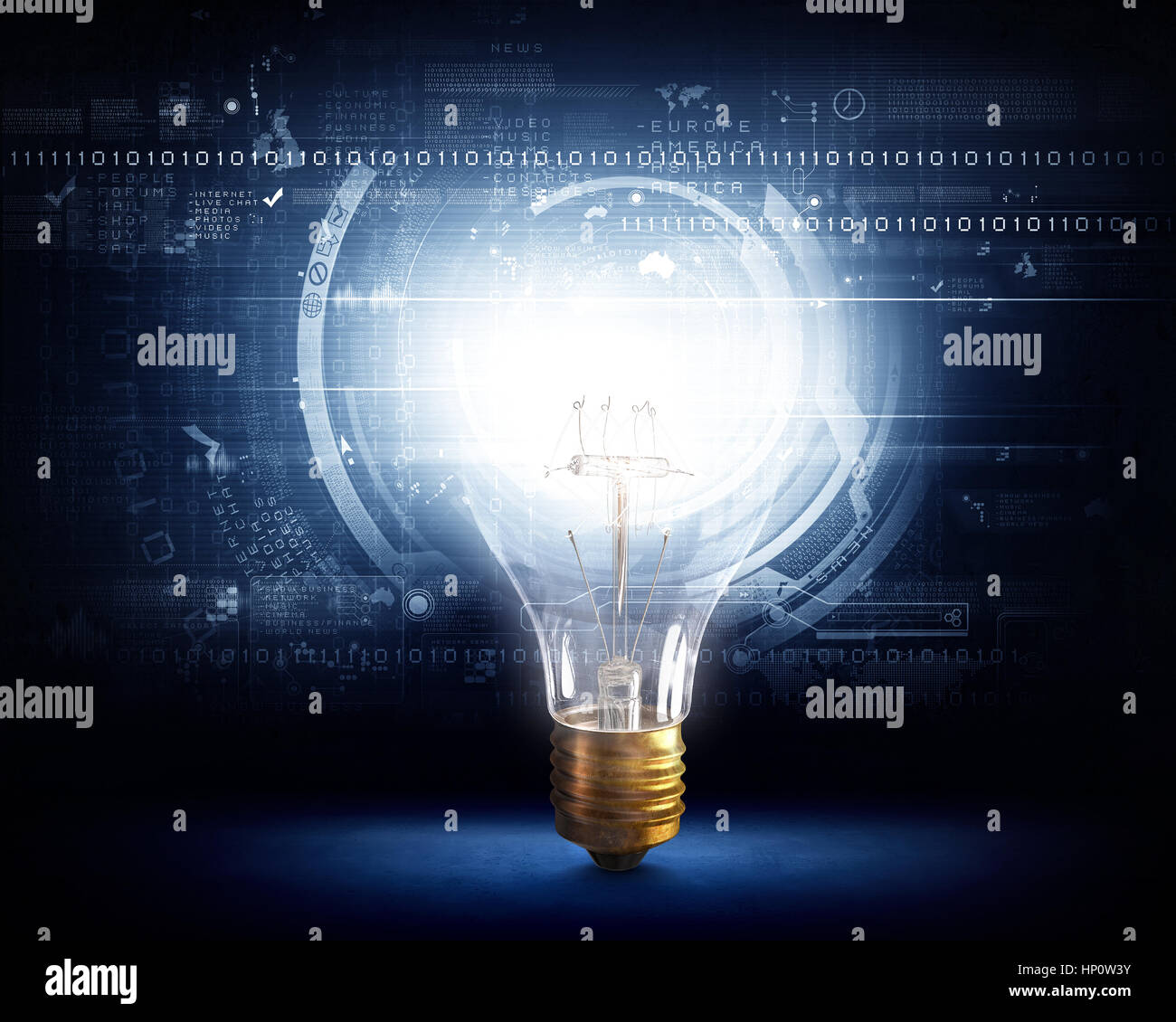 Conceptual technology background with glass glowing light bulb Stock ...
