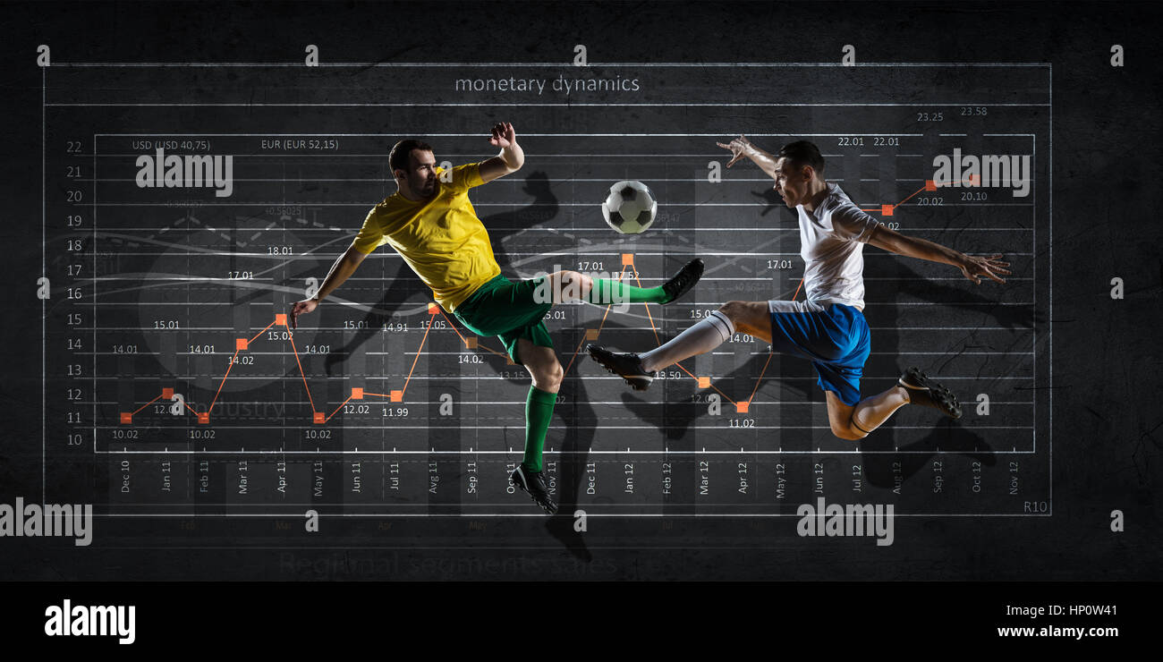 Football players fighting for ball and graphs at background. Mixed ...