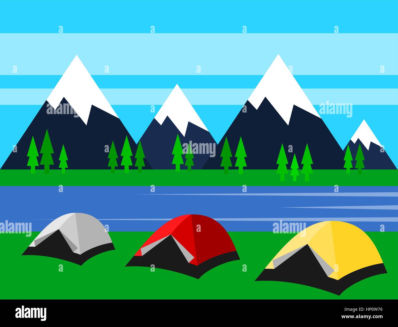 Camp site with three tents and mountains in the background. Camping ...
