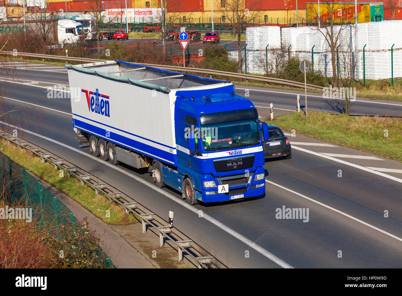 DUSSELDORF ,GERMANY - FEBRUAR 16: transport truck on the highway on ...