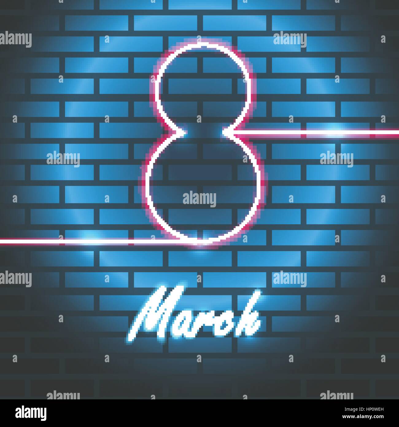 8 March Vector illustration Neon bright lamp in shape of the ...