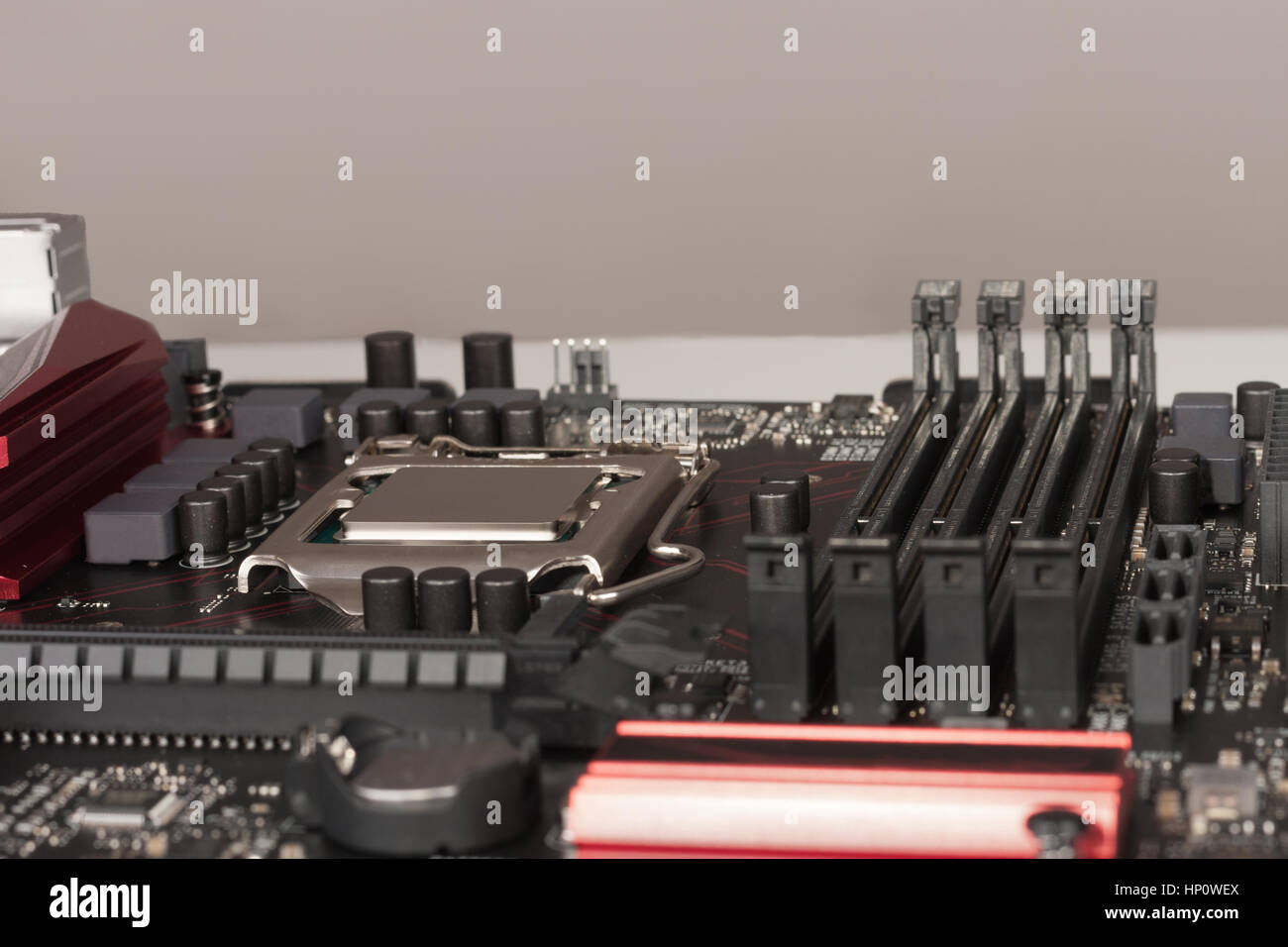 Close up of installed CPU processor on modern, new, gaming motherboard ...