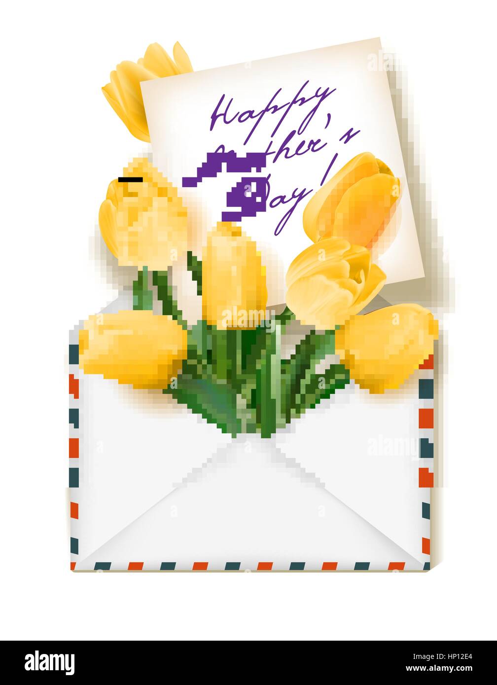 Tulips with a note in an envelope. Template for greeting card, banner ...