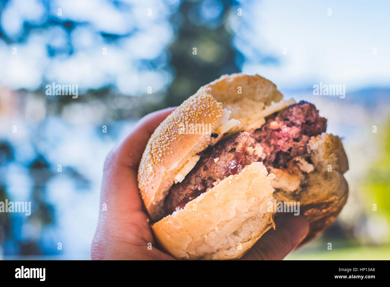 Greasy Home style cheese burger Stock Photo - Alamy