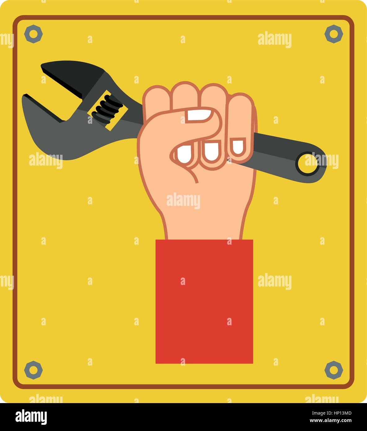 colorful silhouette plaque with hand holding wrench tool vector ...