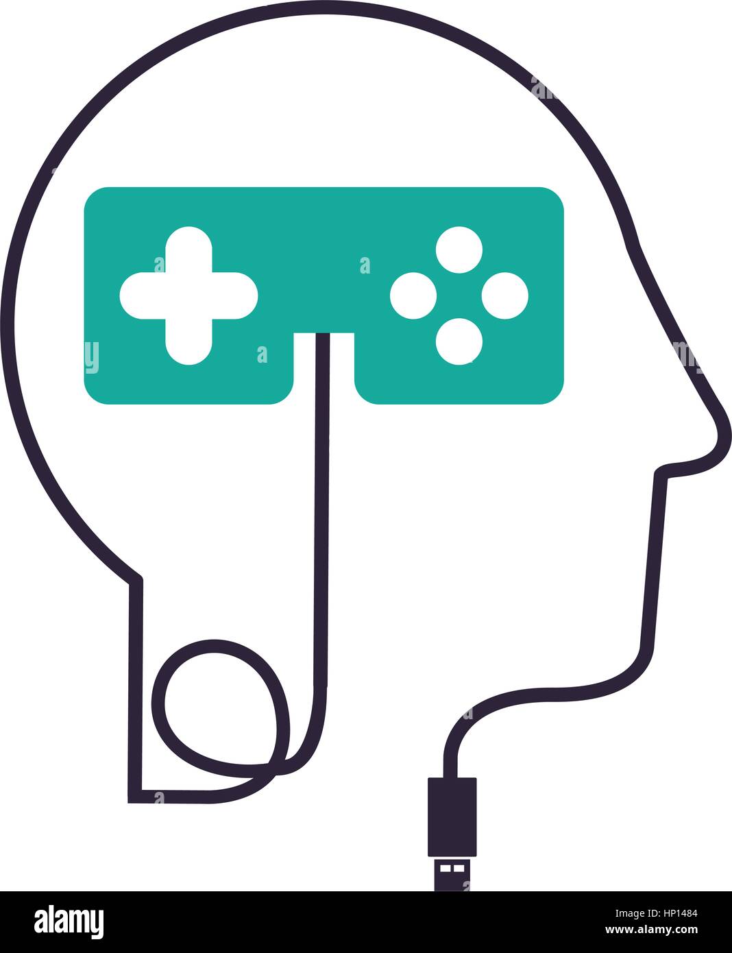 silhouette profile human head with usb connector and control video game ...