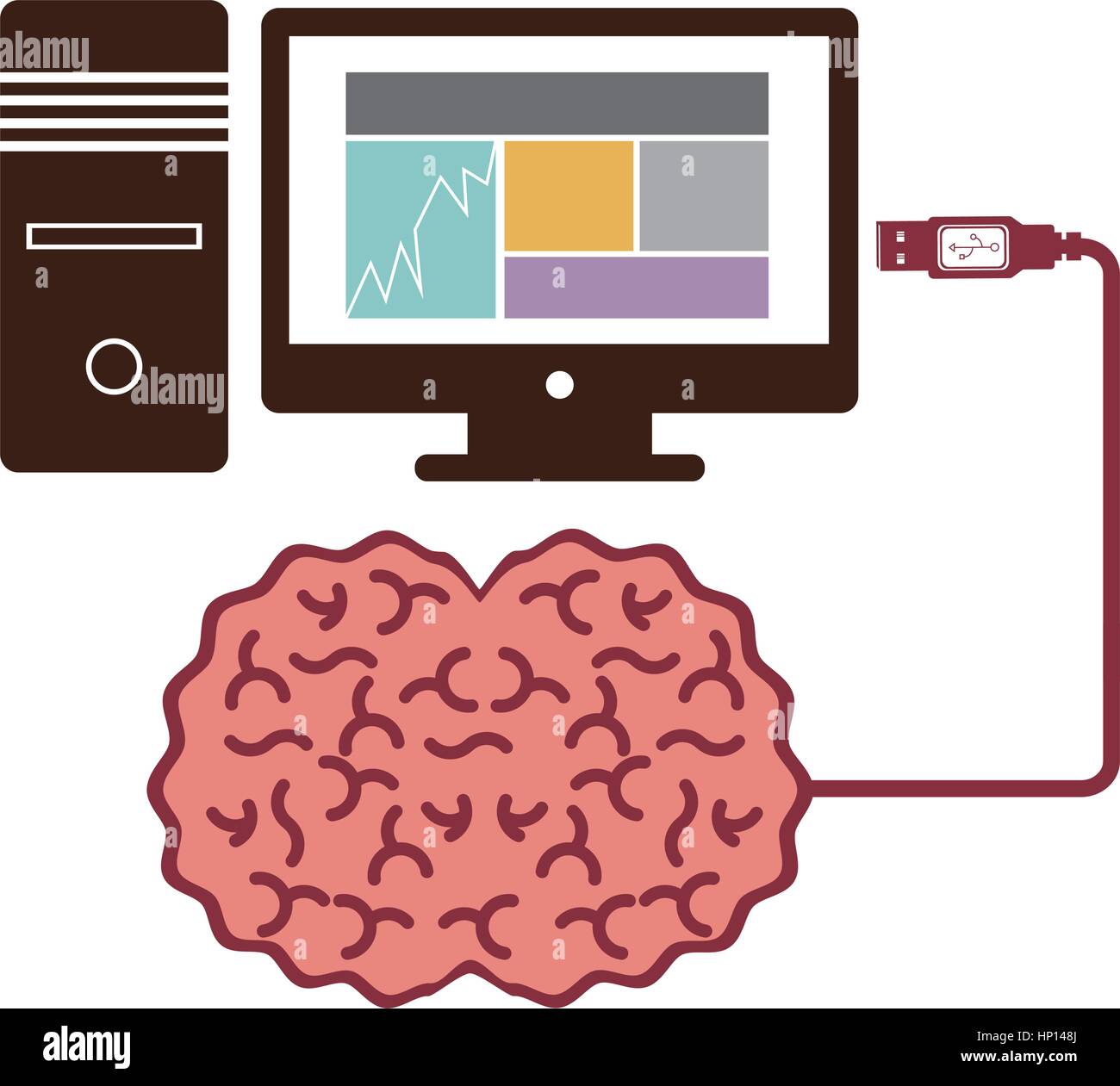 computer desktop and usb connected to brain vector illustration Stock ...