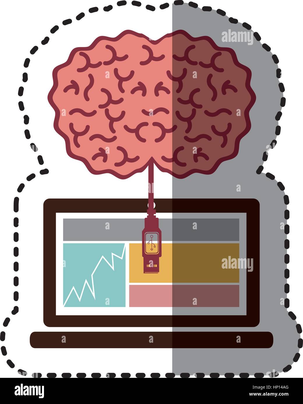sticker laptop and usb connected to brain vector illustration Stock ...
