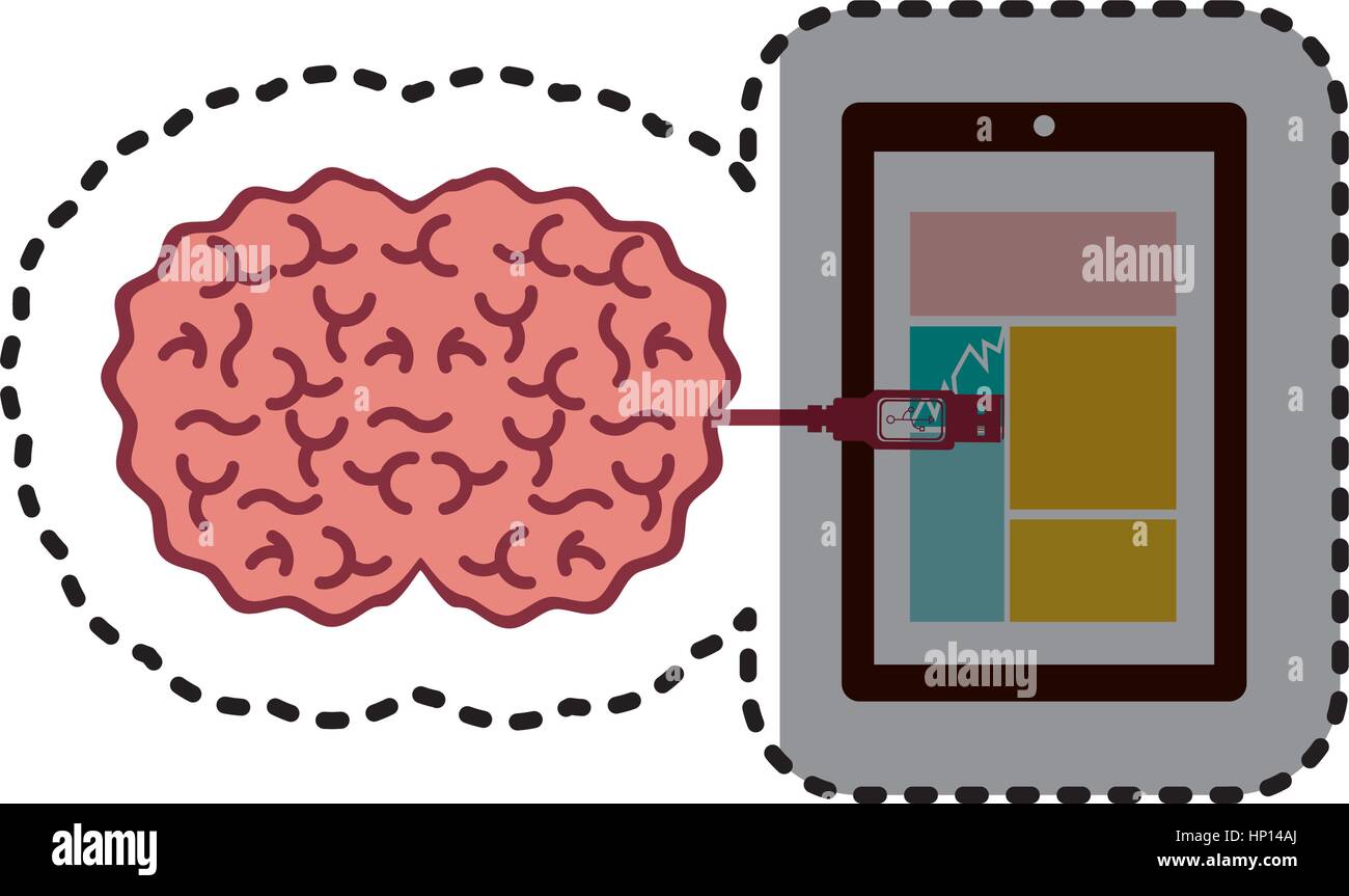 sticker tablet and usb connected to brain vector illustration Stock ...