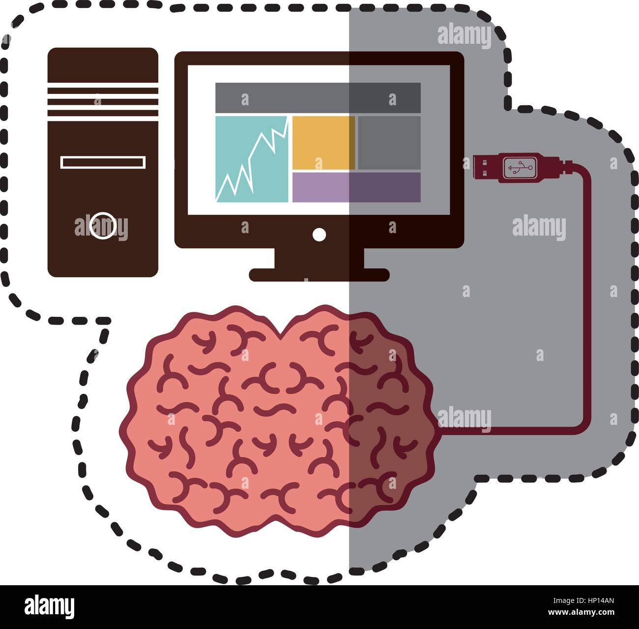 sticker computer desktop and usb connected to brain vector illustration ...