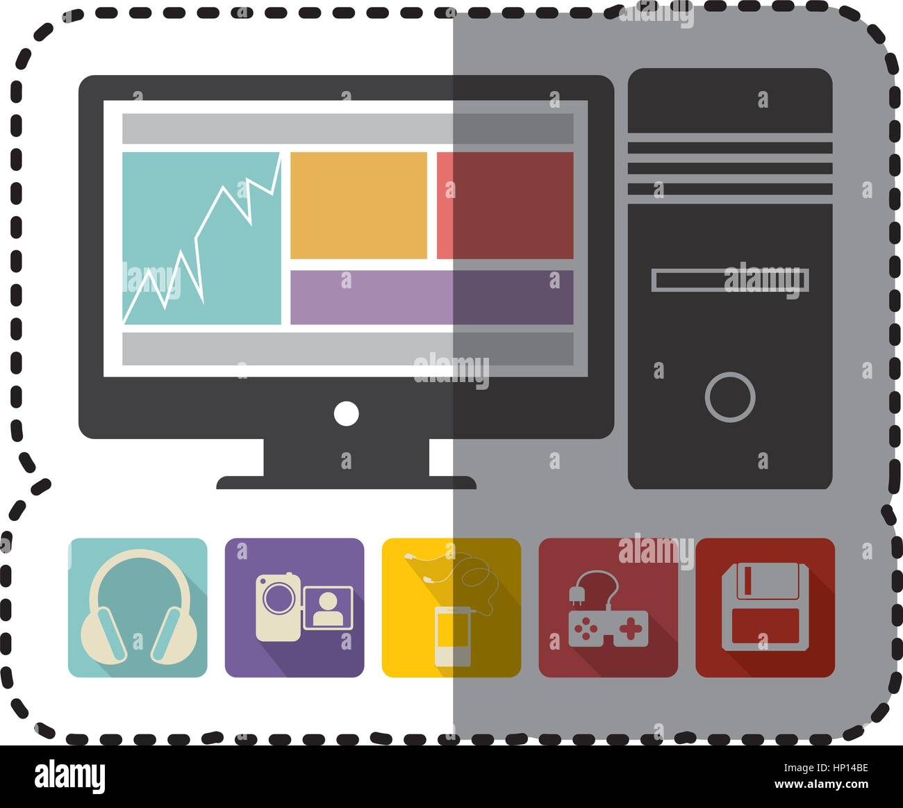 sticker colorful desktop computer with icon apps vector illustration ...