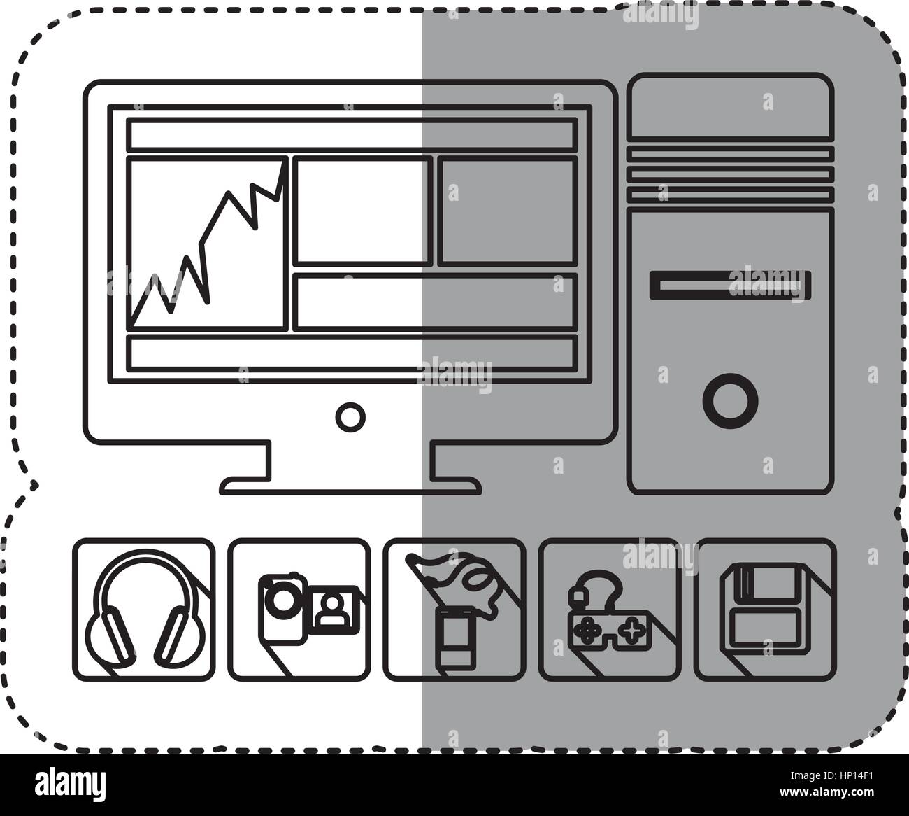 sticker silhouette desktop computer with icon apps vector illustration ...