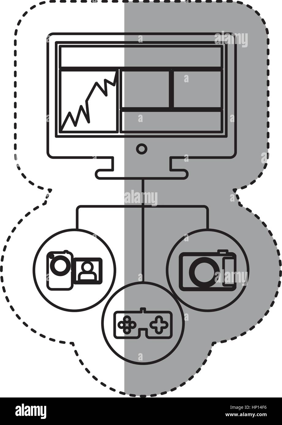 sticker silhouette screen computer with icon apps vector illustration ...