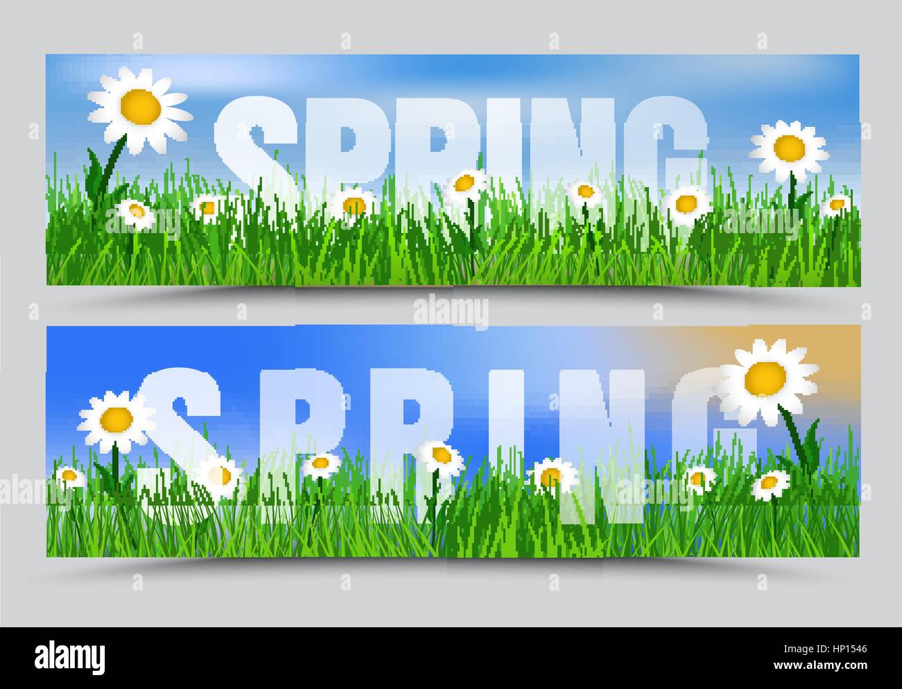 Set of spring web banners with green grass, white flowers and the text ...