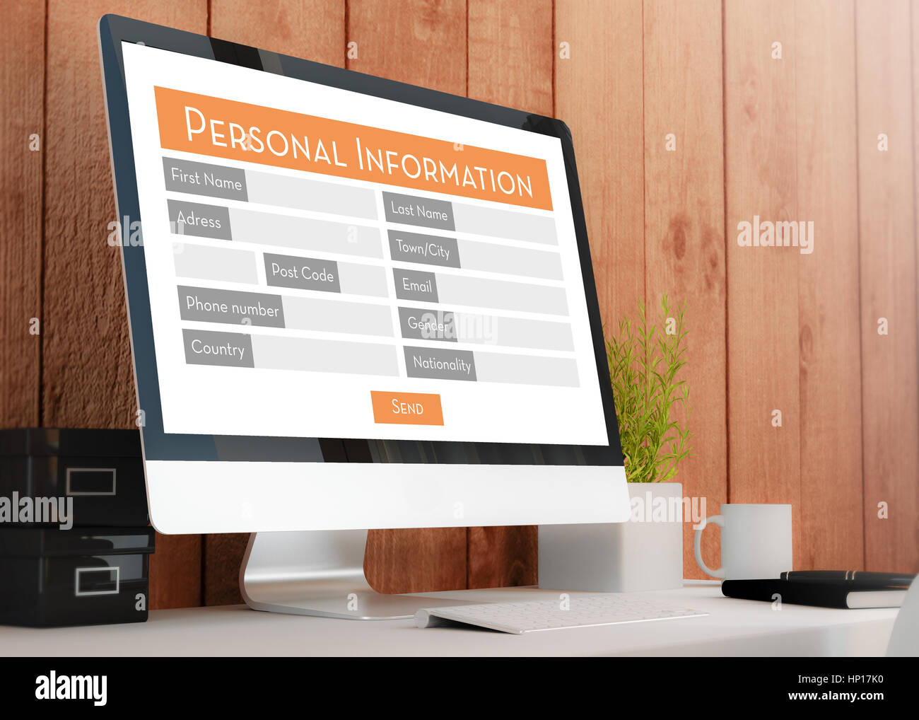 modern wooden workspace with personal information Form. All screen ...