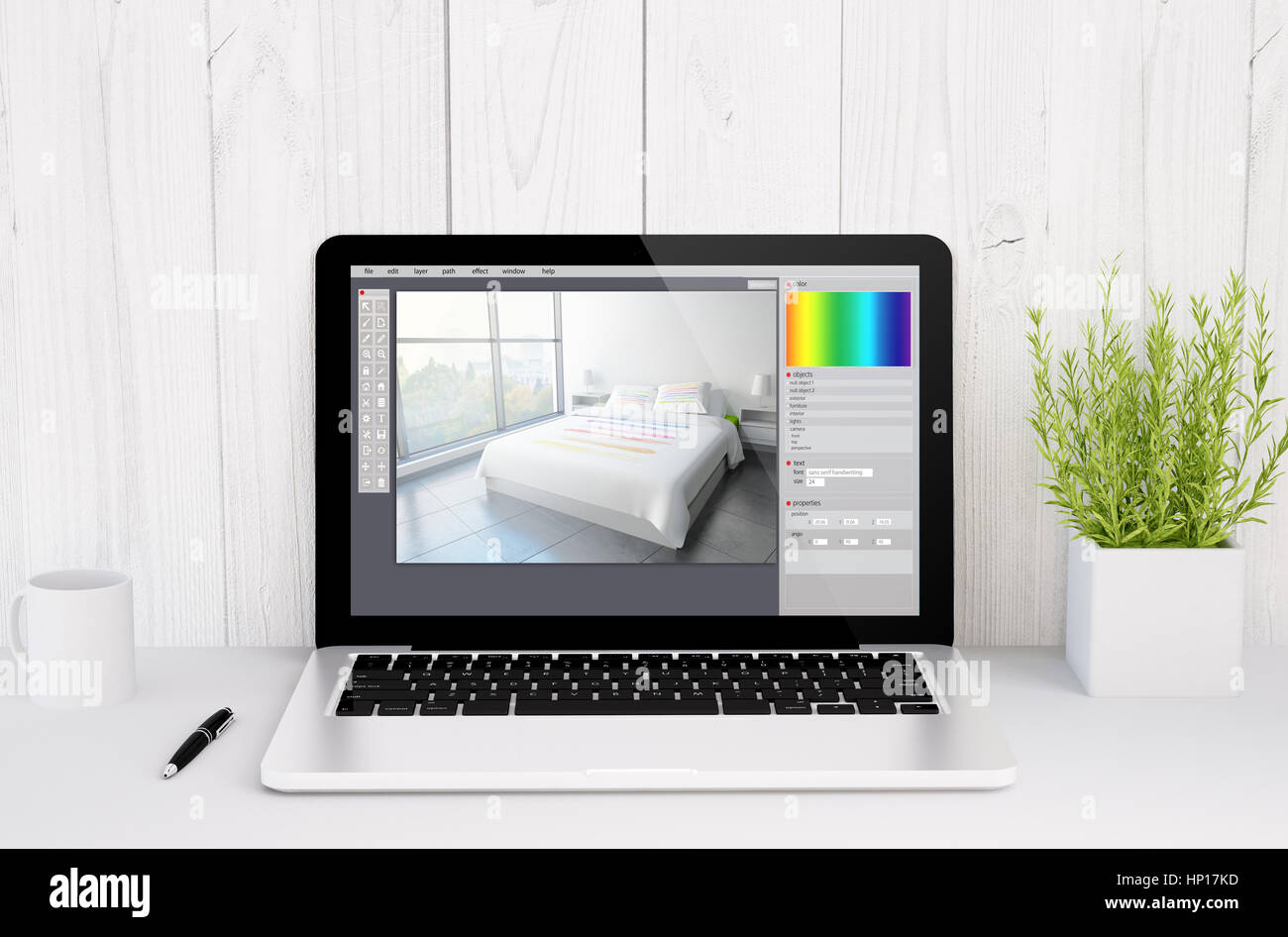 3d rendering of a laptop with interior design screen on table Stock ...