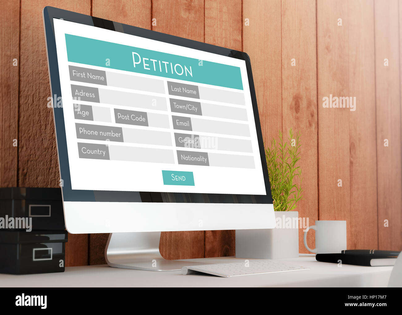 modern wooden workspace with petition Form. All screen graphics are ...