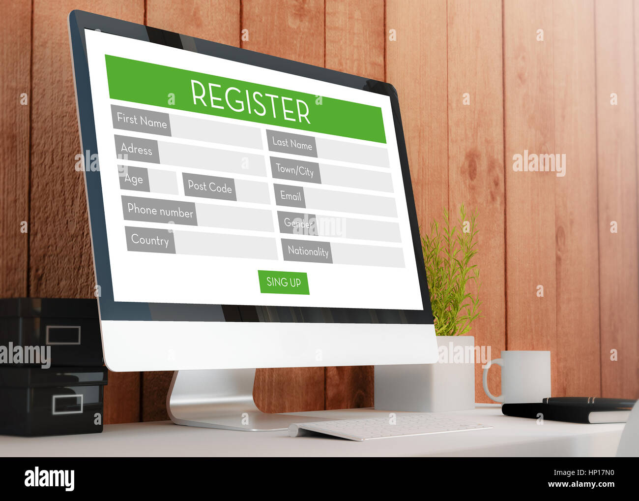 modern wooden workspace with Registration Form. All screen graphics are ...