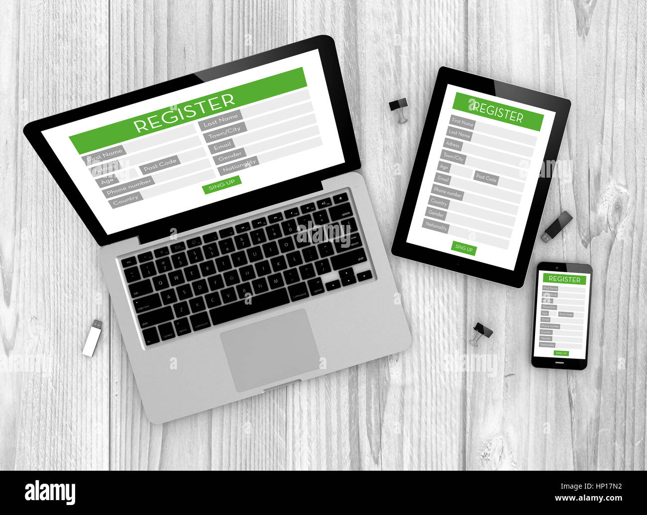 Technology concept: Devices with a registration form on the screen. All ...