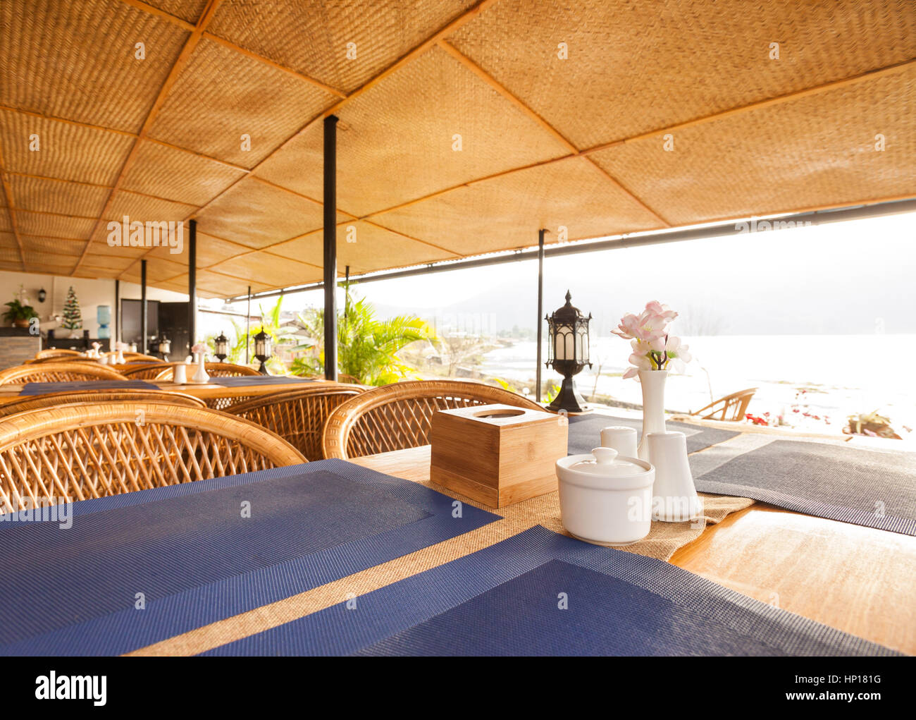 Tables at a cafe next to Fewa (Phewa) Lake, Pokhara, Nepal Stock Photo ...