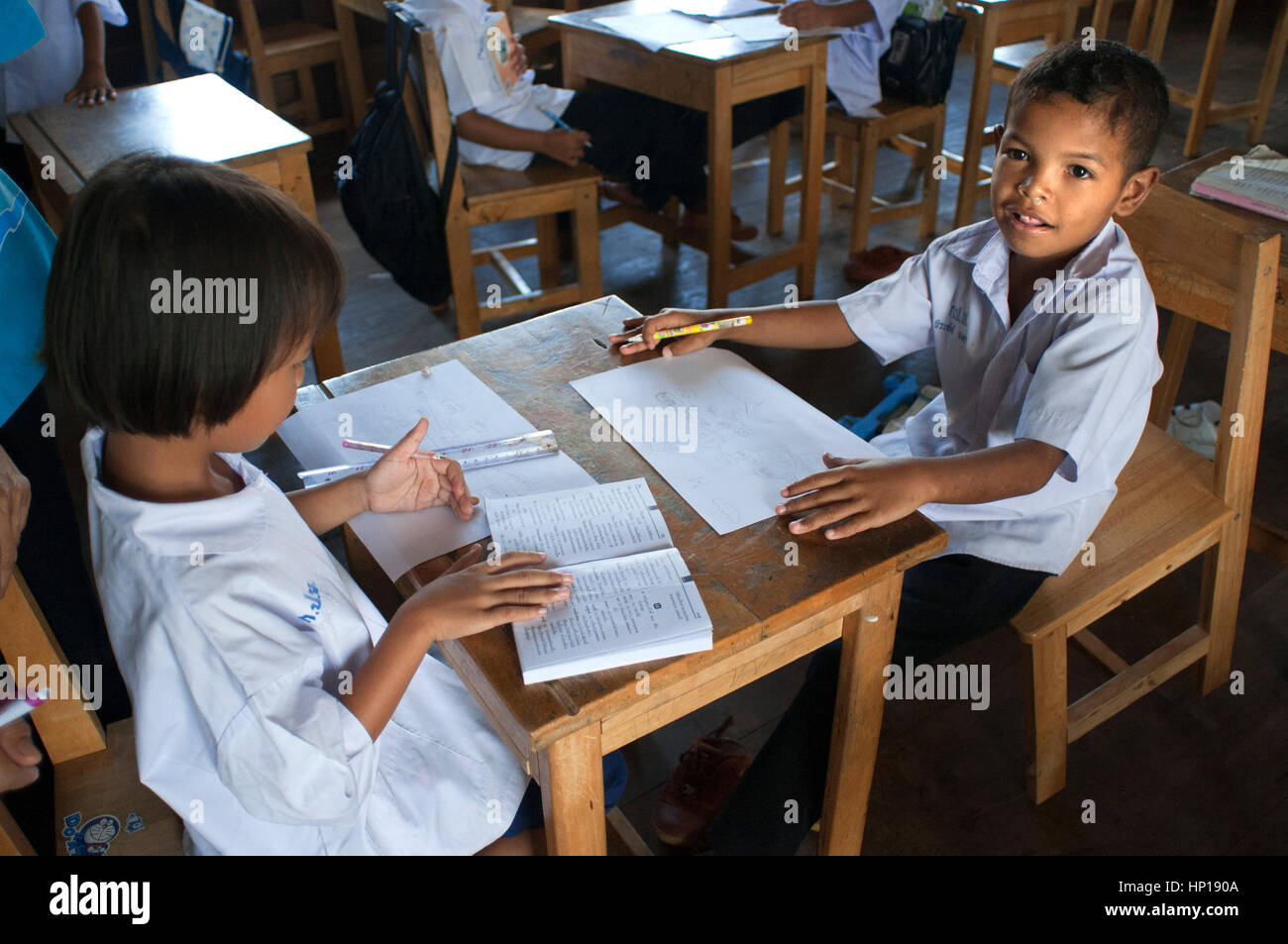 School in Panyee sea gypsy fishing village, Phuket Thailand. Sea gypsy ...