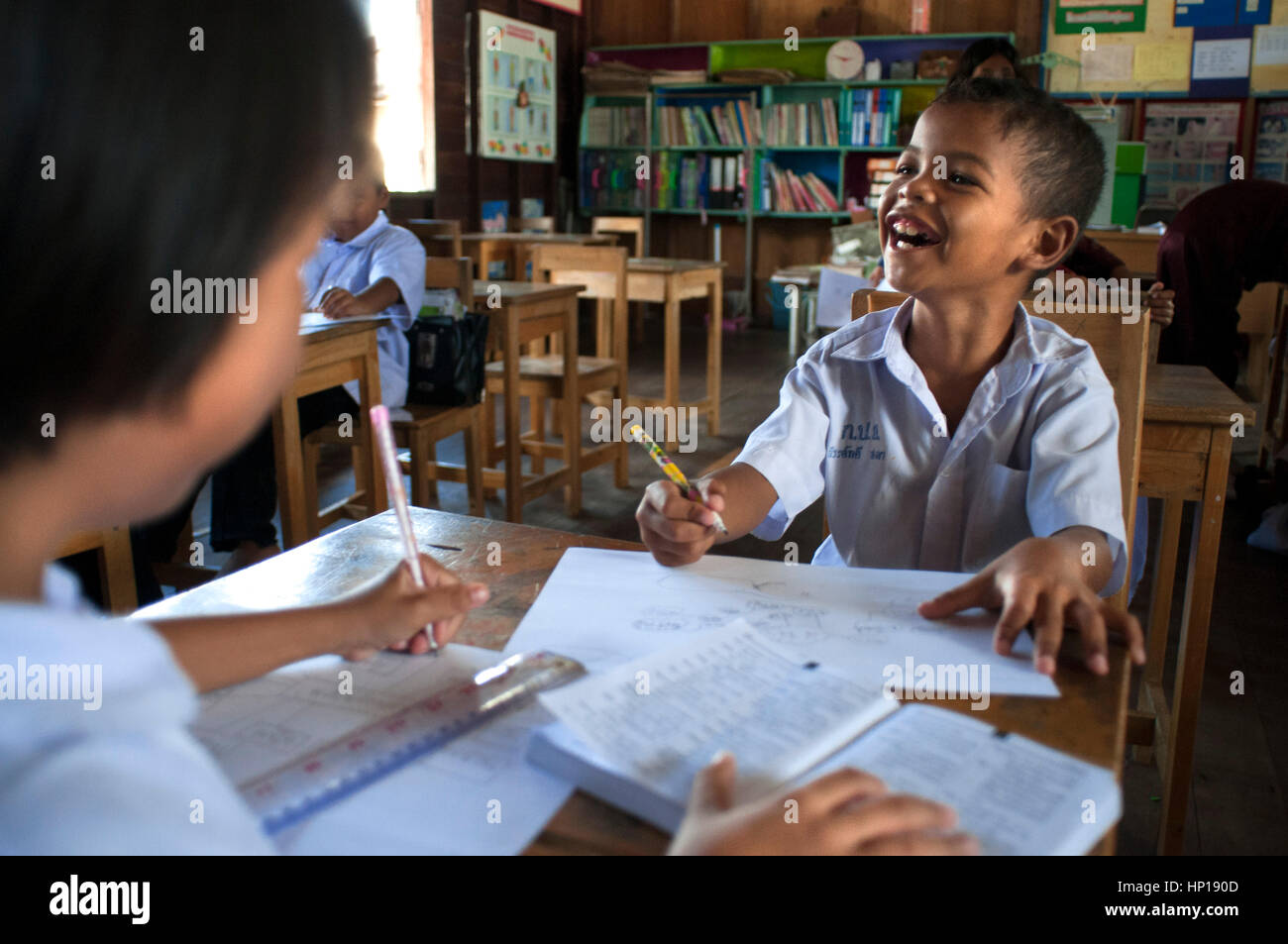 School in Panyee sea gypsy fishing village, Phuket Thailand. Sea gypsy ...