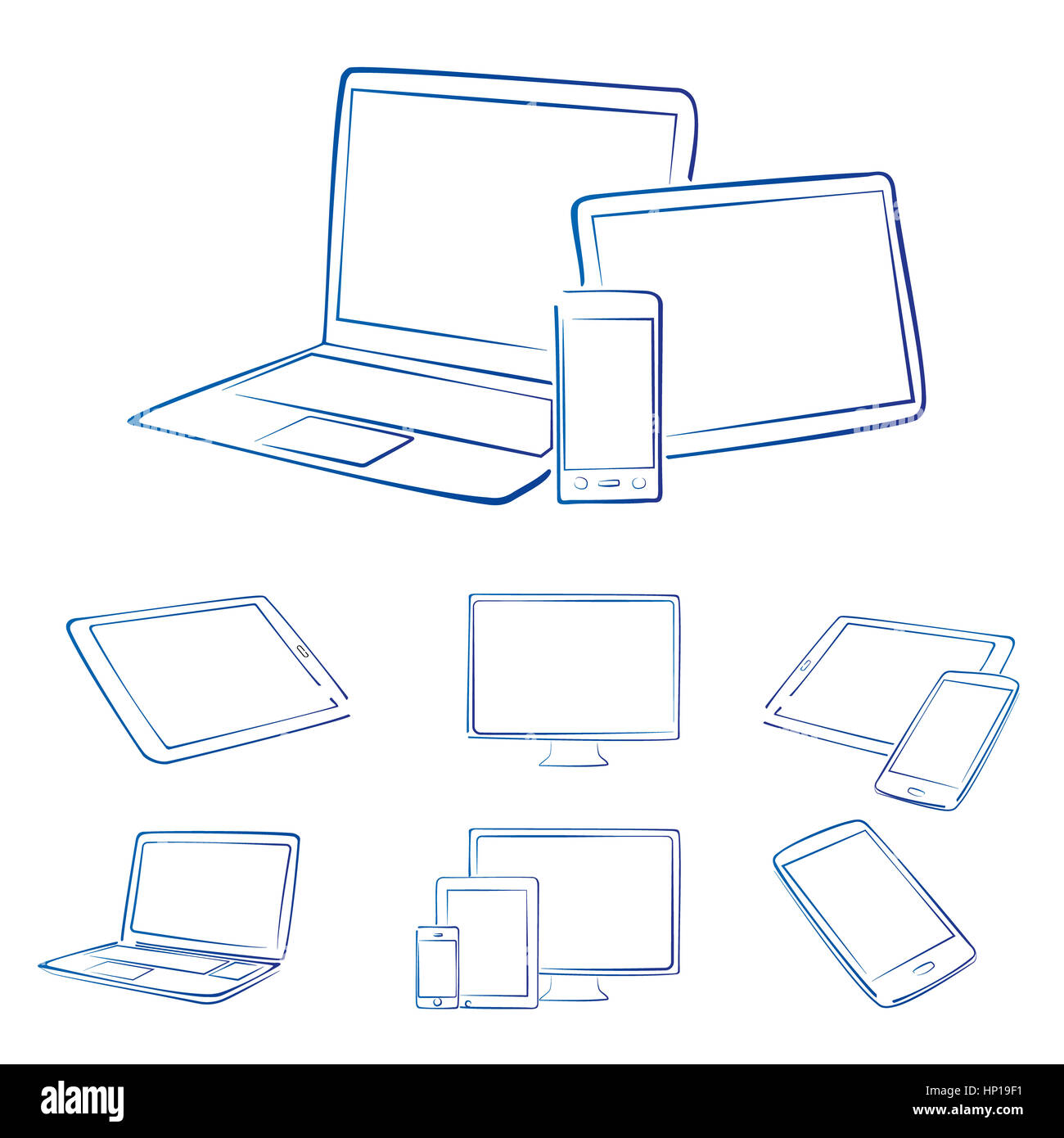 Hand drawn digital devices in blue and white Stock Photo - Alamy