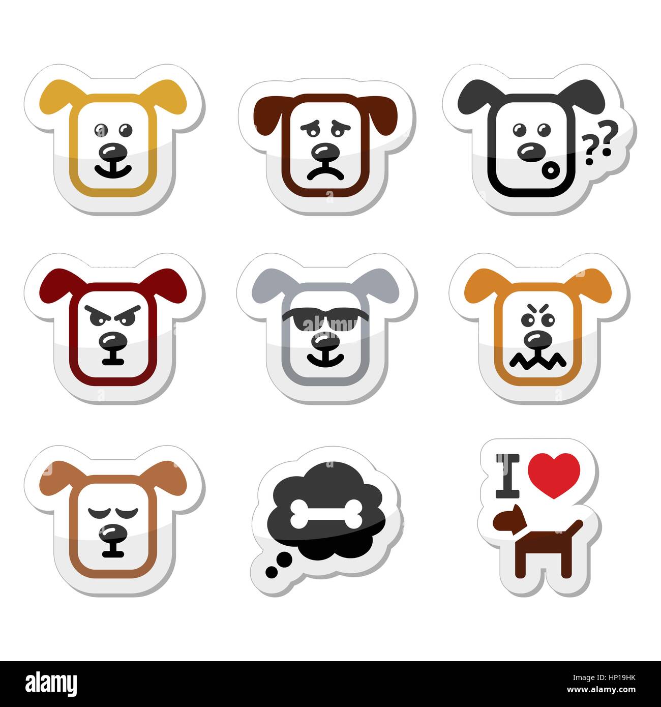 Dog icons set - happy, sad, angry isolated on white Stock Vector Image ...