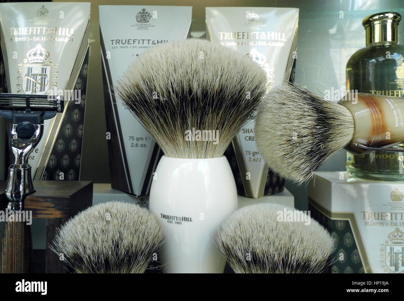 Shaving items in the window Stock Photo - Alamy