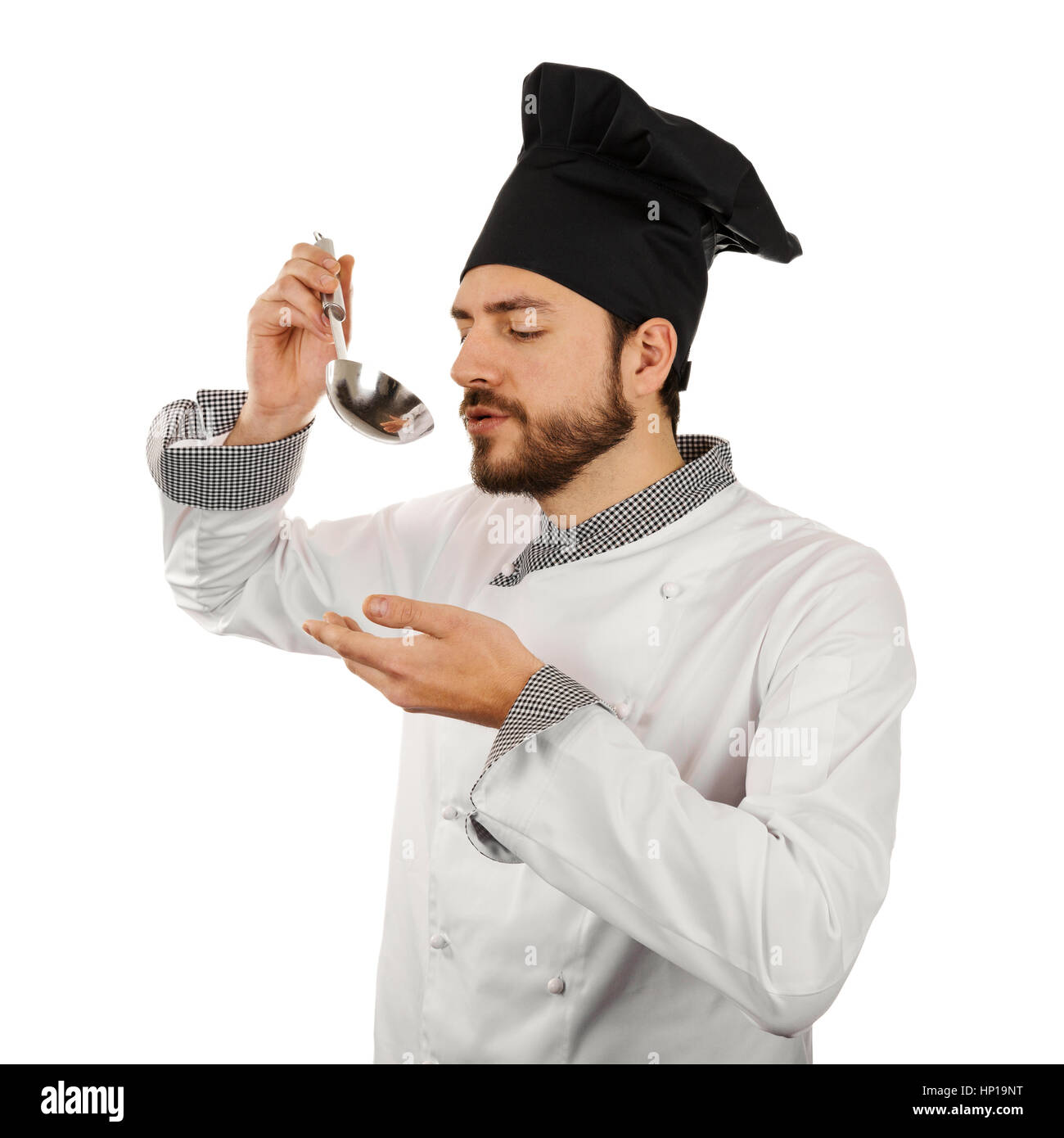 cook tasting soup from ladle. isolated on white Stock Photo - Alamy