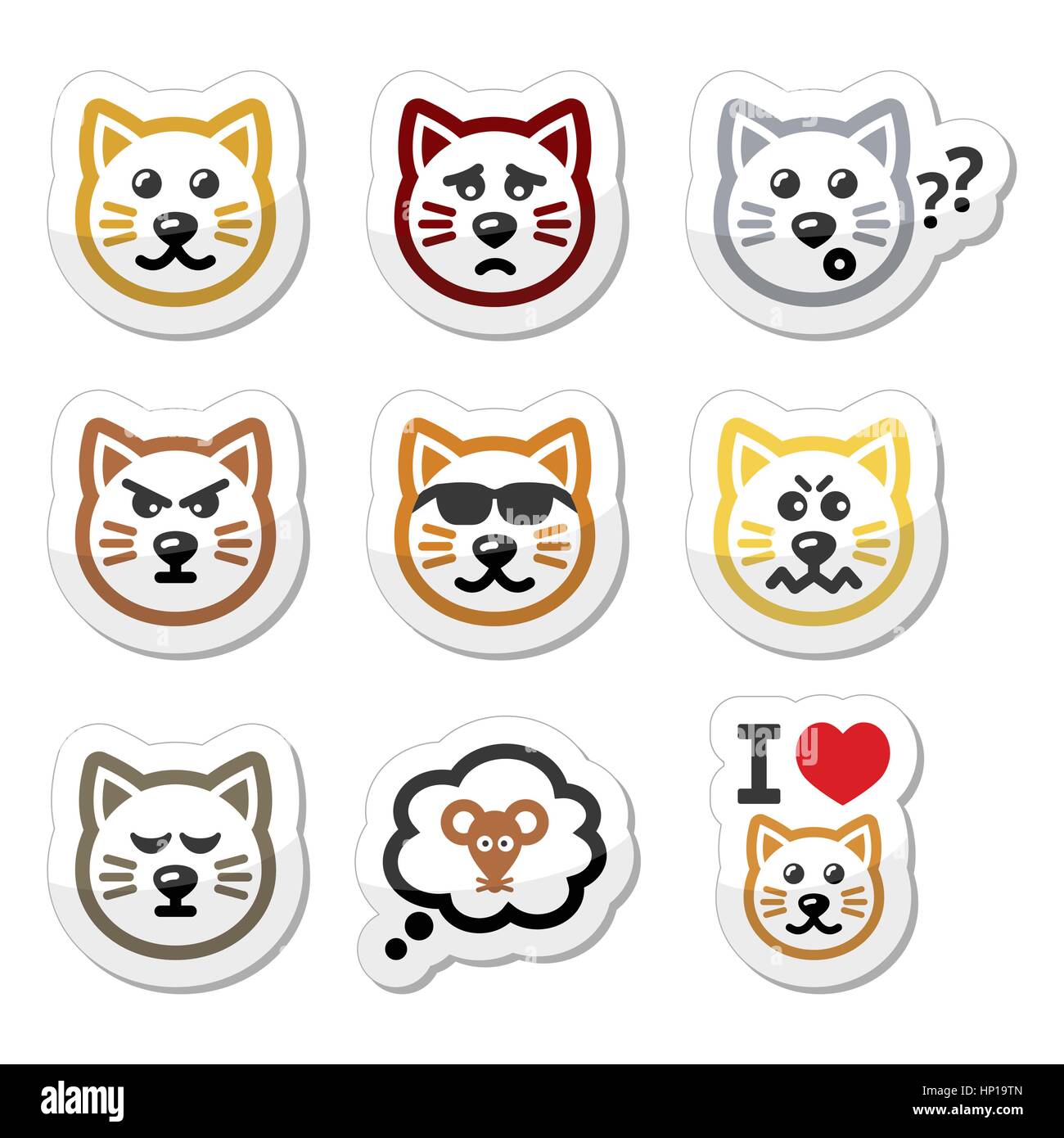 Cat icons set - happy, sad, angry isolated on white. Vector icons set ...
