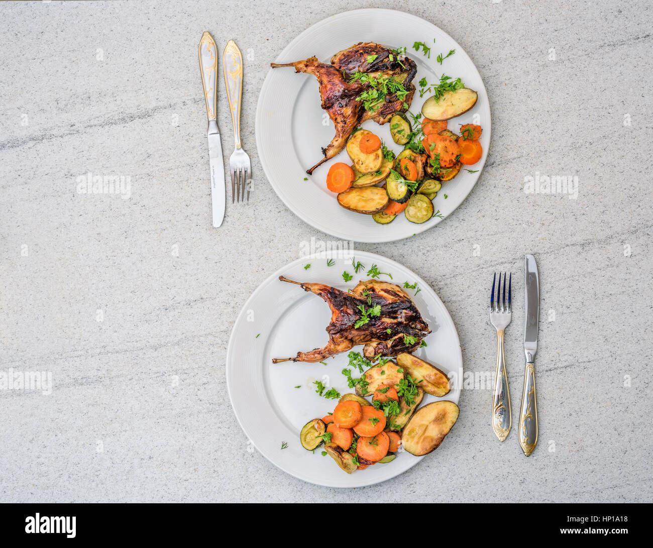 Roasted homemade quail with vegetables. Healthy food freerange chicken ...