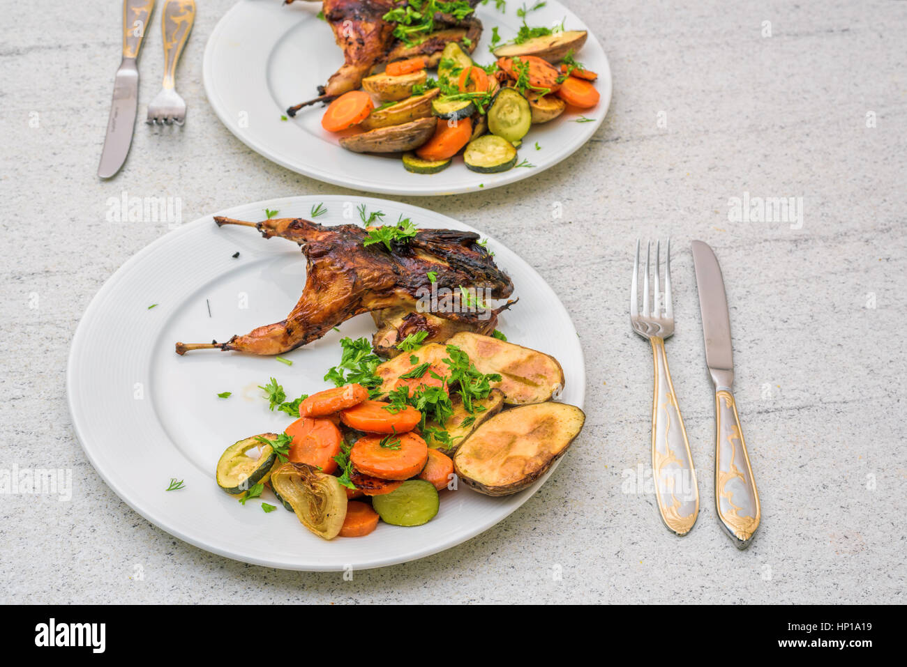 Roasted homemade quail with vegetables. Healthy food freerange chicken ...