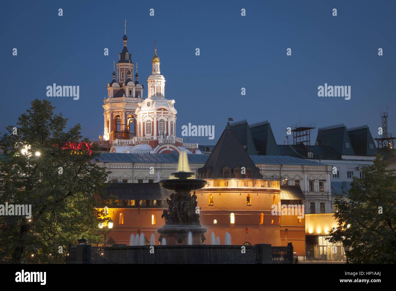 Russia, Moscow. Vitali fountain on Teatralnaya Square and Kitay-gorod ...