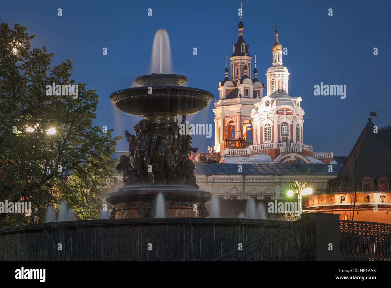 Russia, Moscow. Vitali fountain on Teatralnaya Square and Kitay-gorod ...