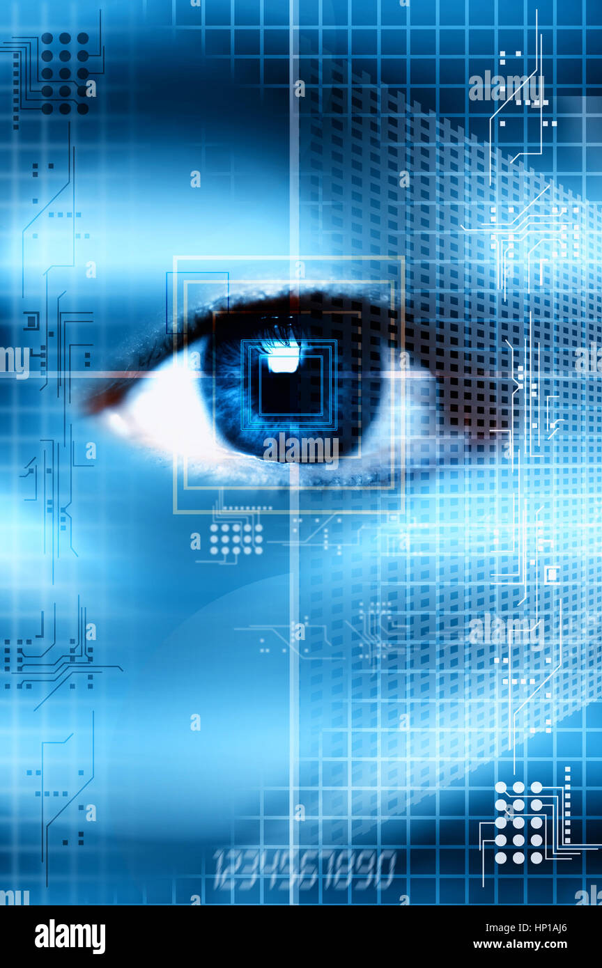 blue eye with electronic symbols, grid and numbers, as concept for ...