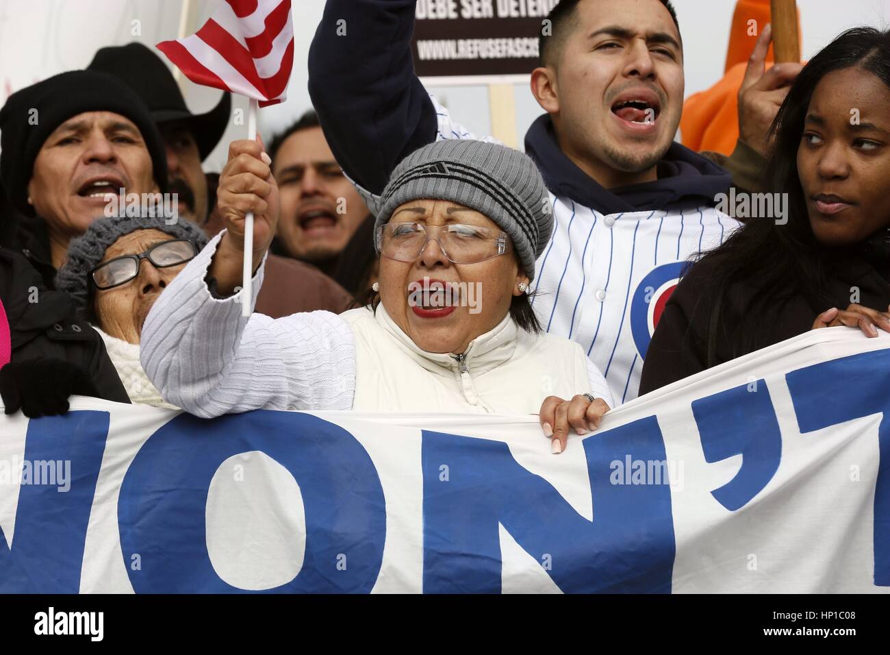 Chicago, USA. 16th Feb, 2017. A woman shouts slogans during a protest ...