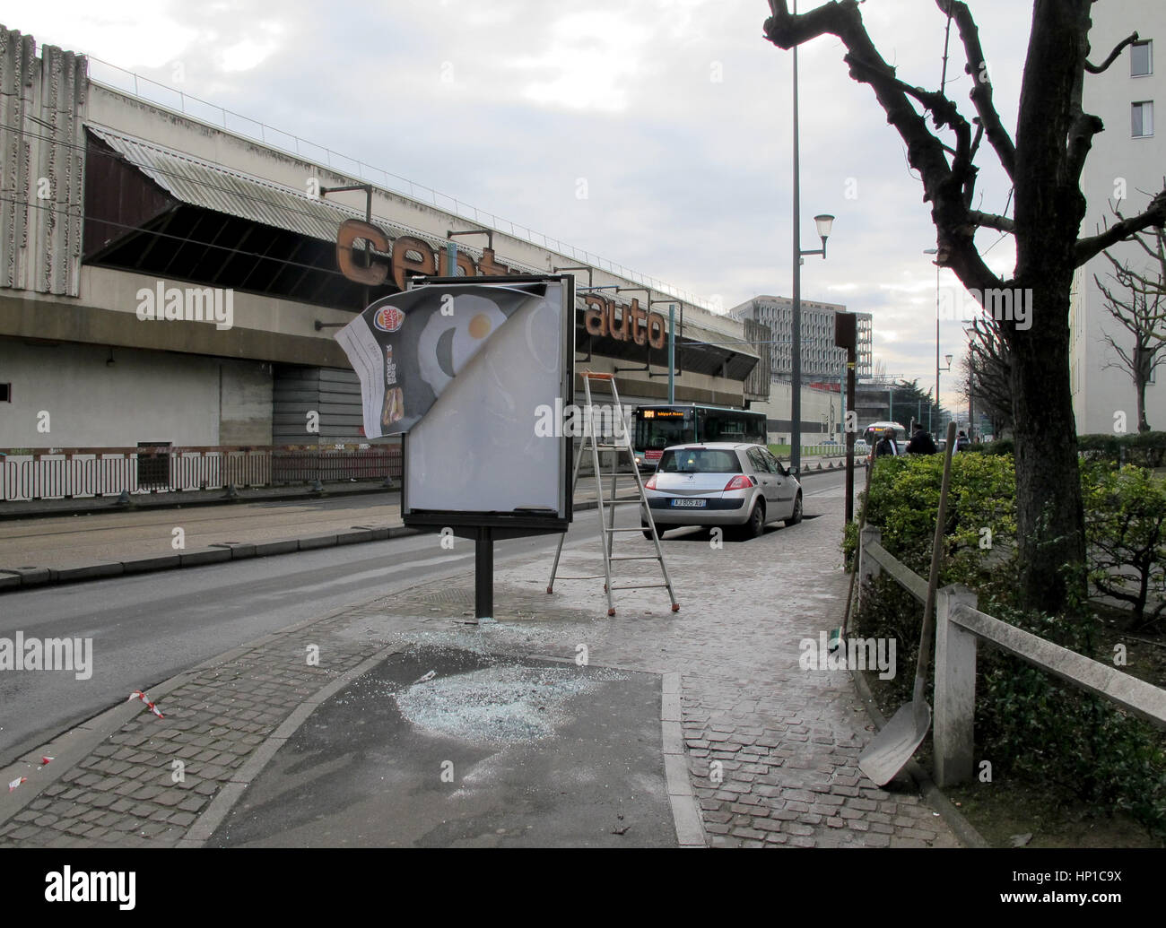 Bobigny, France. 14th Feb, 2017. A destroyed billboard can be seen on ...