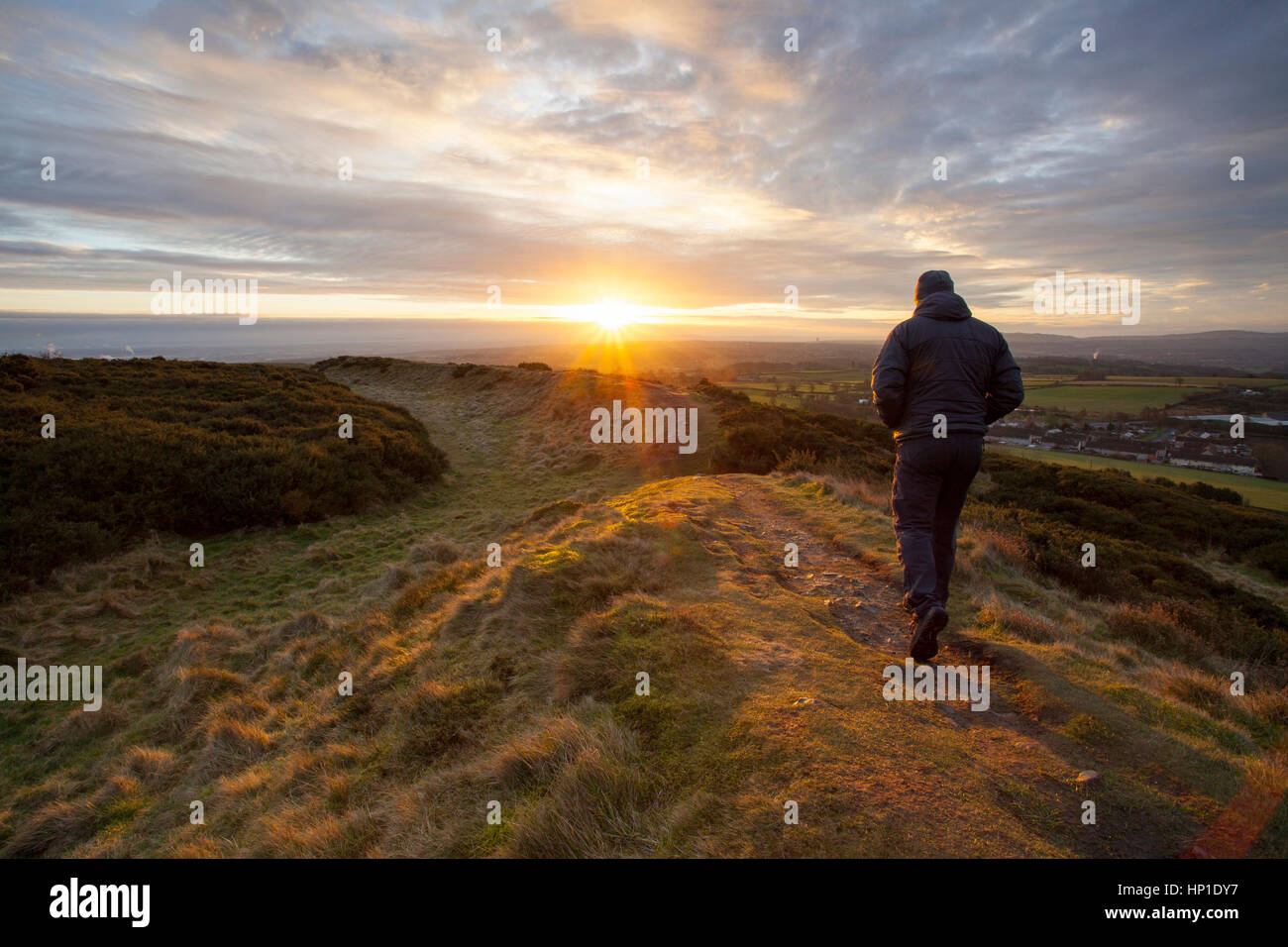 A morning walker as the sun rises in the distance over rural Flintshire ...