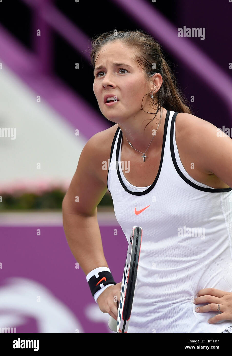 Doha, Qatar. 17th Feb, 2017. Daria Kasatkina of Russia reacts during the women's singles ...