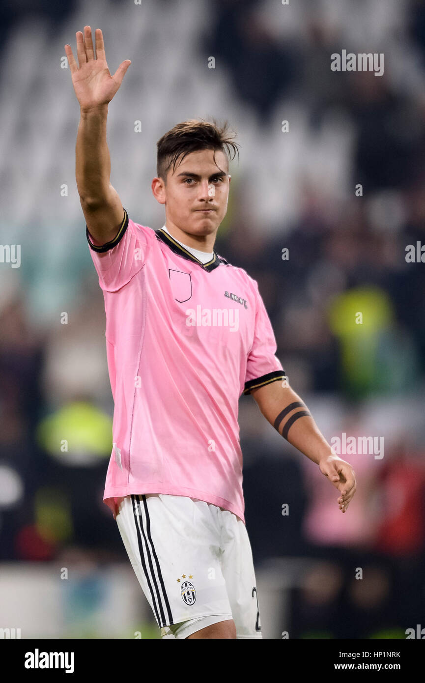 Turin, Italy. 17 February, 2017. Paulo Dybala of Juventus FC cheers the ...