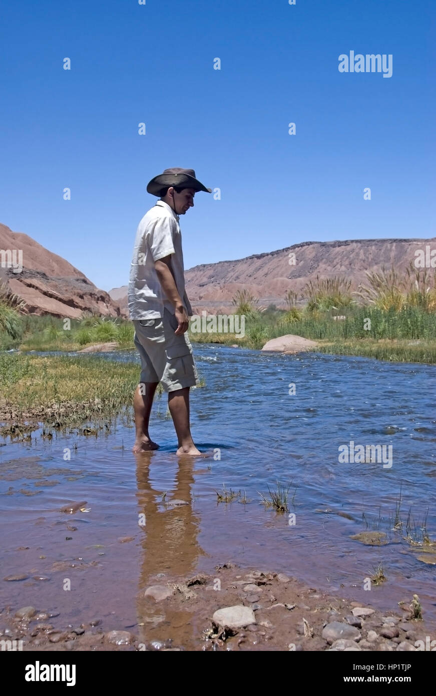 Model release , Mann in einer Lagune in der Atacamawueste, Chile ...