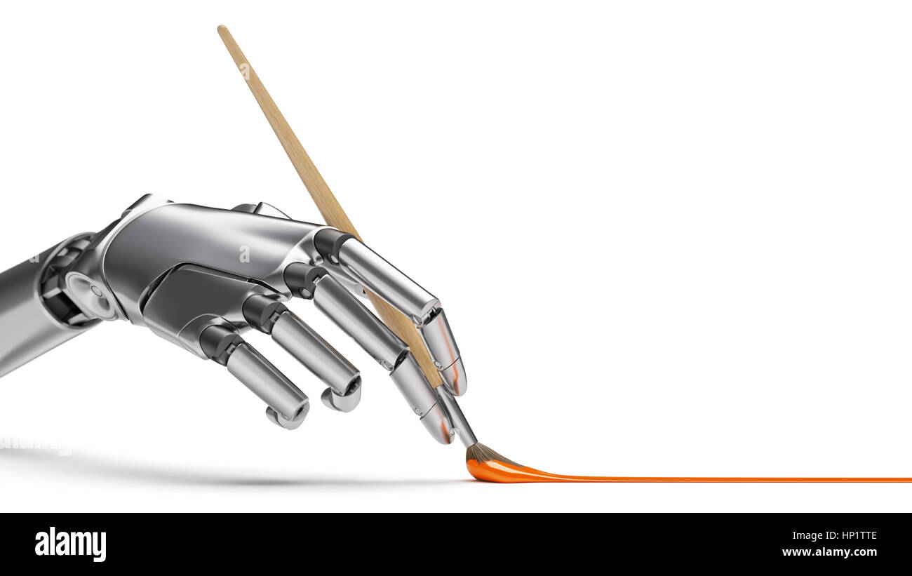 Robotic Arm Painting with Brush Closeup. Artificial Intelligence ...